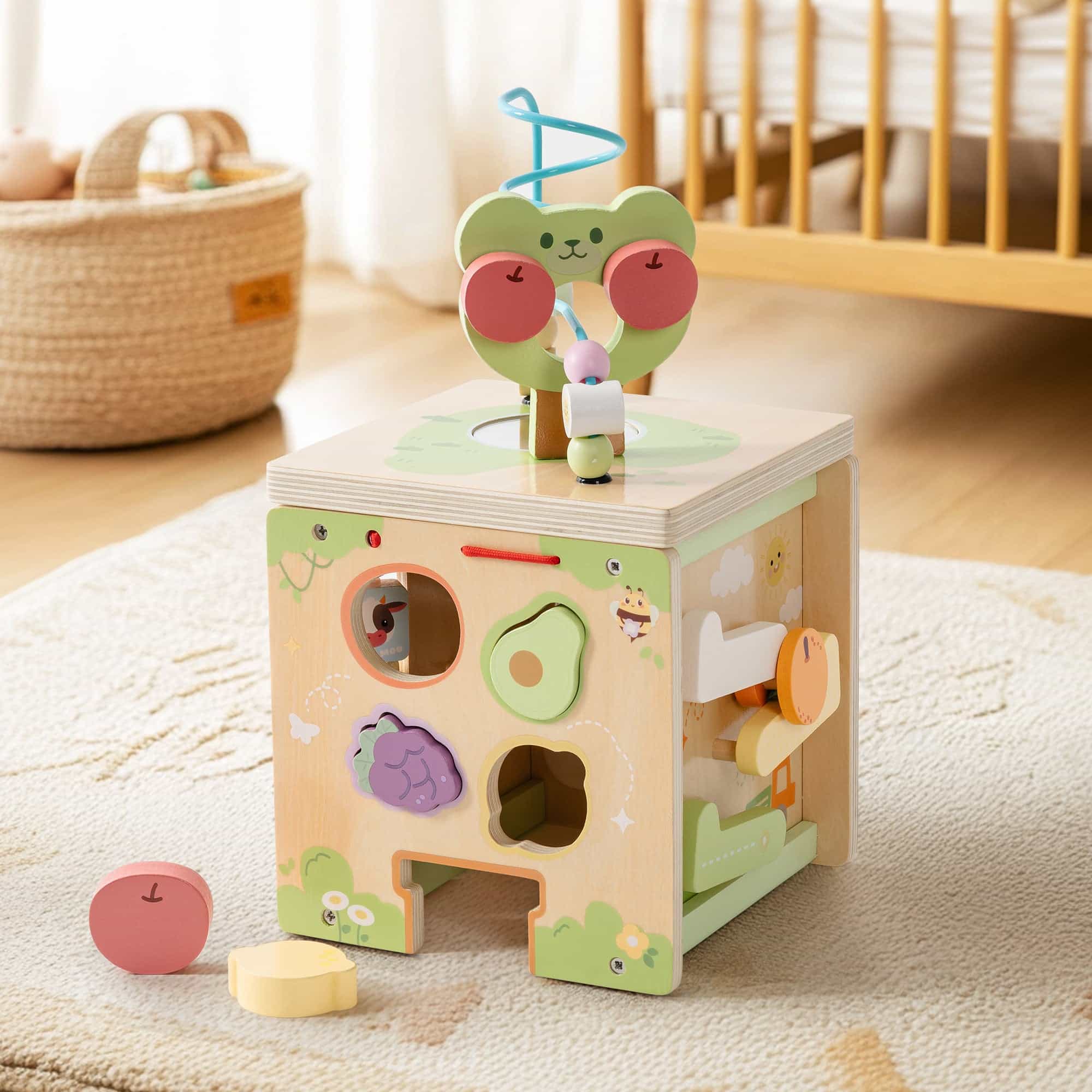 ROBUD Wooden Baby Activity Cube for 1 Year Old, 17" Montessori Activity ...