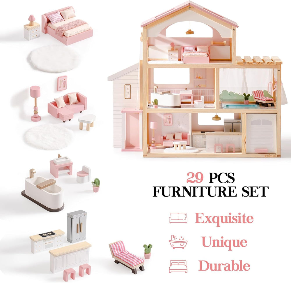 ROBUD Wooden Dollhouse with 6 Rooms, 29-pcs Furniture Set, Working ...