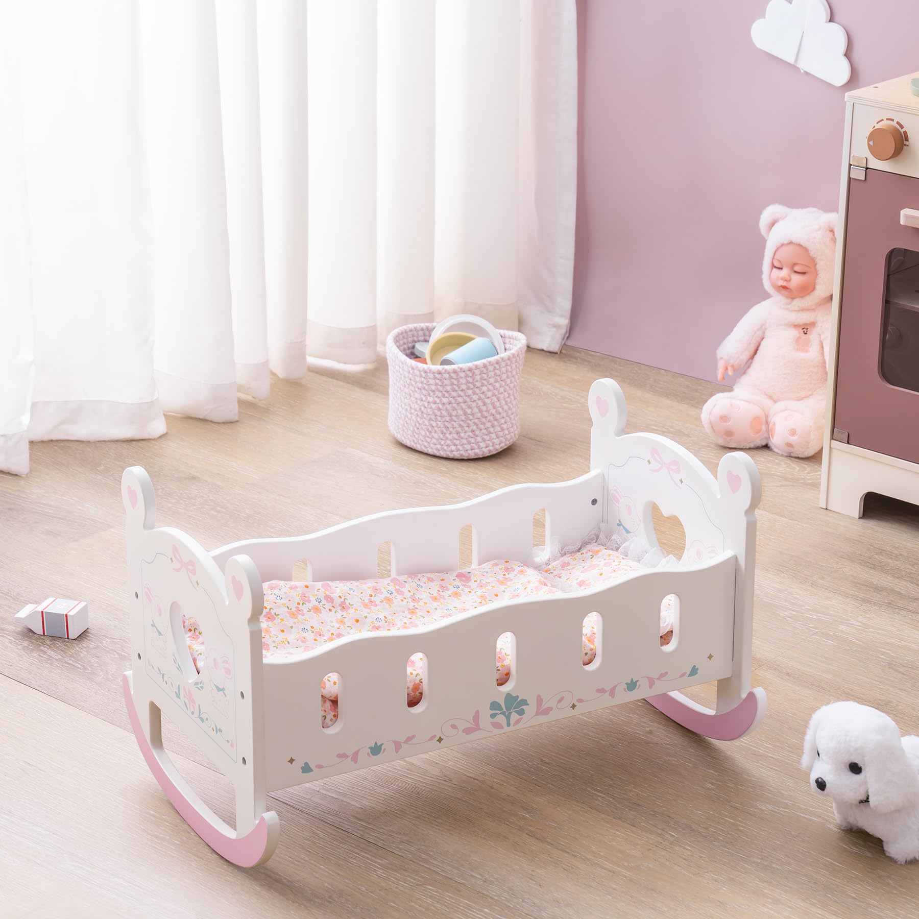 ROBUD Wooden Baby Doll Crib, Baby Doll Bed Toys with Mattress, Pillow ...
