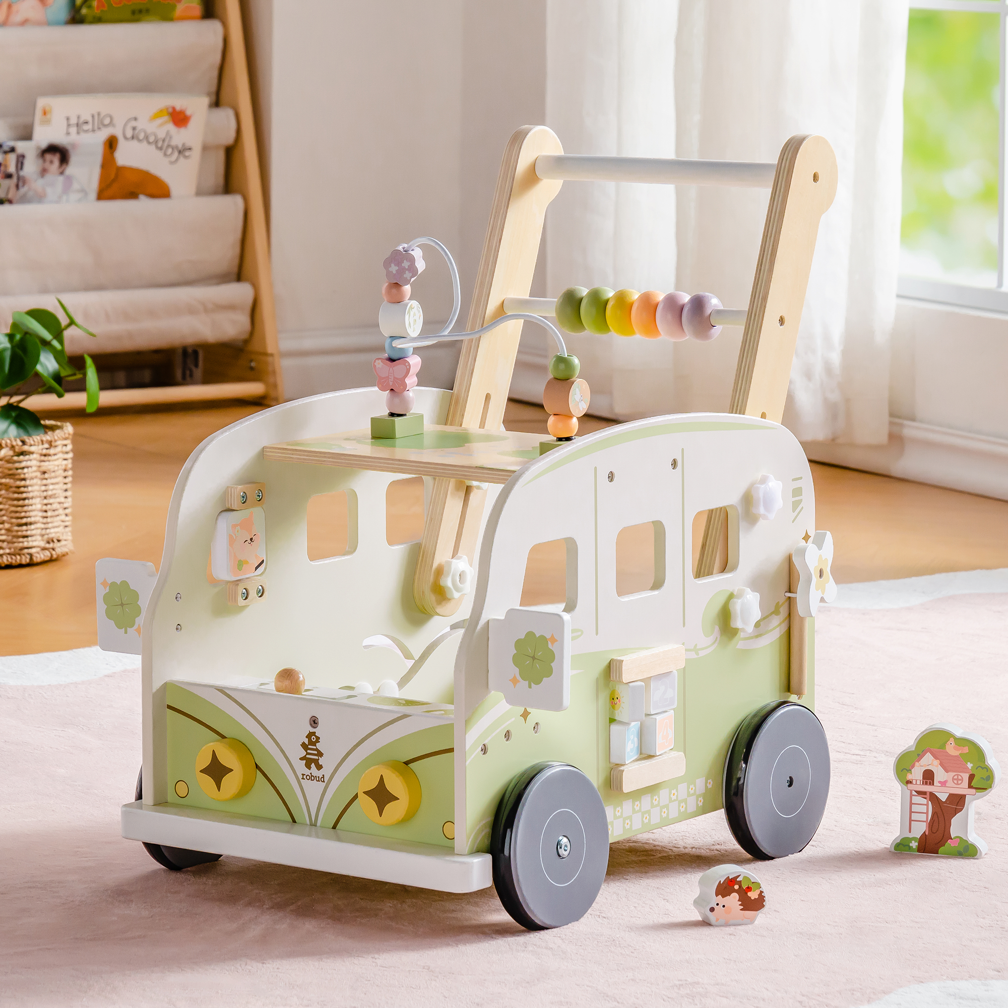 ROBUD Wooden Baby Push Walker - Green Vacation Bus | Robotime