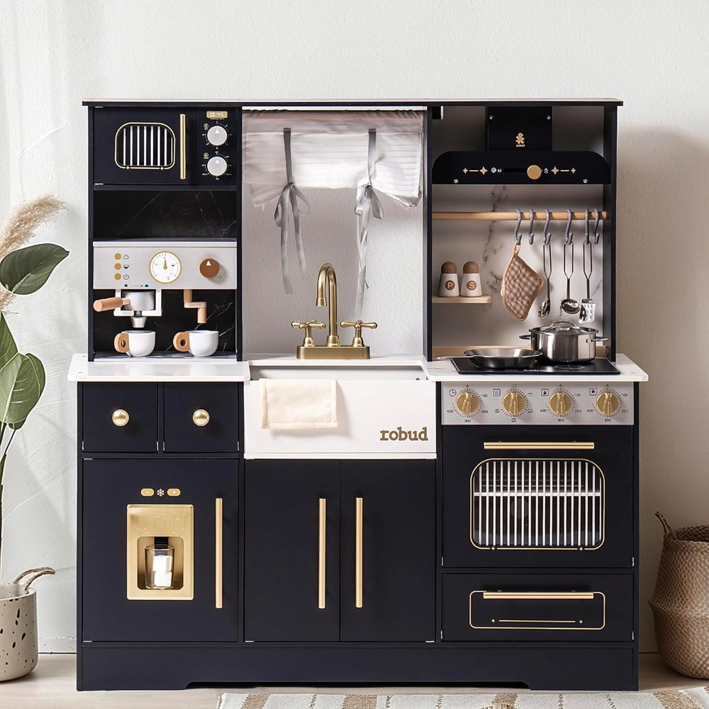ROBUD Modern Large Play Kitchen Set for Kids Black | Realistic Wooden ...